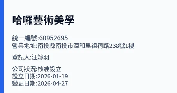 哈囉藝術美學的照片-統編 60952695(南投縣) 公司登記資料與營業項目詳細圖表