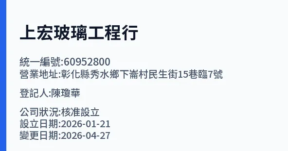上宏玻璃工程行的照片-統編 60952800(彰化縣) 公司登記資料與營業項目詳細圖表