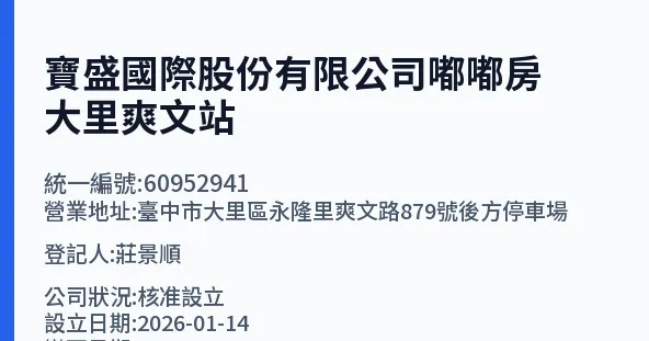 寶盛國際股份有限公司嘟嘟房大里爽文站的照片-統編 60952941(臺中市) 公司登記資料與營業項目詳細圖表