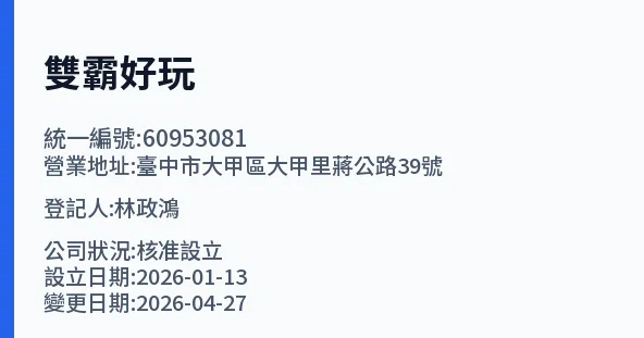 雙霸好玩的照片-統編 60953081(臺中市) 公司登記資料與營業項目詳細圖表