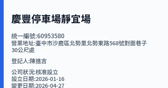 慶豐停車場靜宜場的照片-統編 60953580(臺中市) 公司登記資料與營業項目詳細圖表