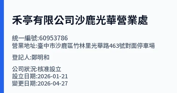 禾亭有限公司沙鹿光華營業處的照片-統編 60953786(臺中市) 公司登記資料與營業項目詳細圖表