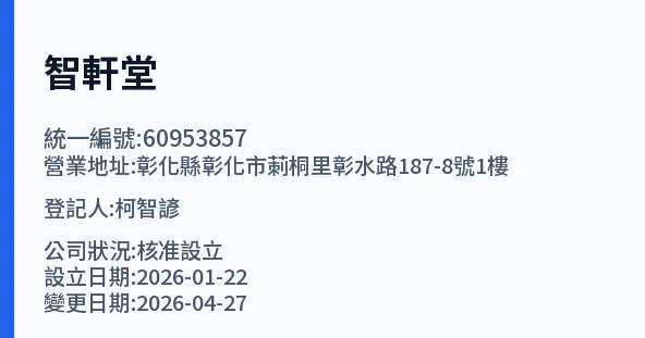 智軒堂的照片-統編 60953857(彰化縣) 公司登記資料與營業項目詳細圖表