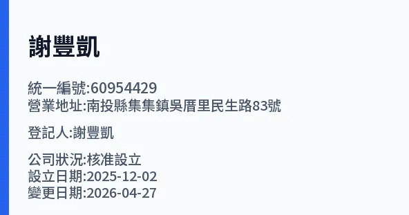 謝豐凱的照片-統編 60954429(南投縣) 公司登記資料與營業項目詳細圖表