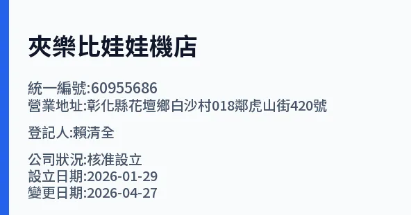 夾樂比娃娃機店的照片-統編 60955686(彰化縣) 公司登記資料與營業項目詳細圖表