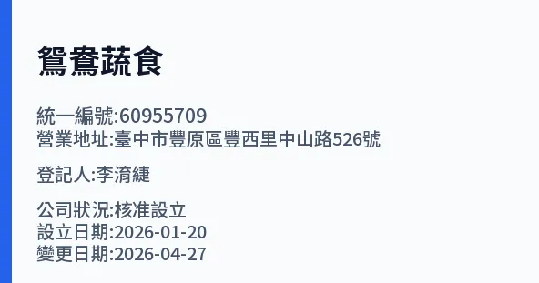 鴛鴦蔬食的照片-統編 60955709(臺中市) 公司登記資料與營業項目詳細圖表