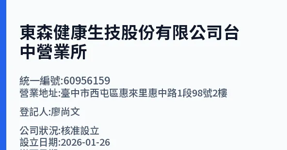 東森健康生技股份有限公司台中營業所的照片-統編 60956159(臺中市) 公司登記資料與營業項目詳細圖表