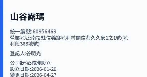 山谷露瑪的照片-統編 60956469(南投縣) 公司登記資料與營業項目詳細圖表
