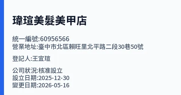 瑋瑄美髮美甲店的照片-統編 60956566(臺中市) 公司登記資料與營業項目詳細圖表