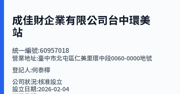 成佳財企業有限公司台中環美站的照片-統編 60957018(臺中市) 公司登記資料與營業項目詳細圖表