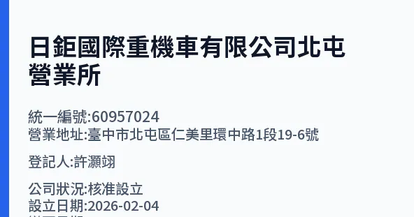 日鉅國際重機車有限公司北屯營業所的照片-統編 60957024(臺中市) 公司登記資料與營業項目詳細圖表