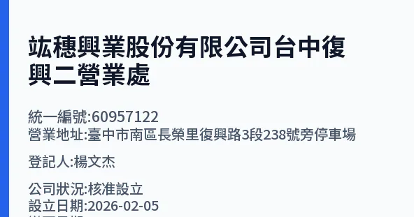 竑穗興業股份有限公司台中復興二營業處的照片-統編 60957122(臺中市) 公司登記資料與營業項目詳細圖表