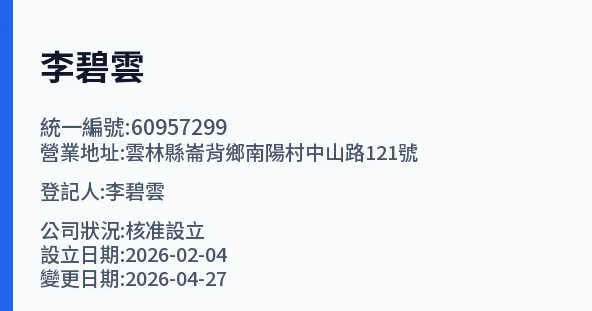 李碧雲的照片-統編 60957299(雲林縣) 公司登記資料與營業項目詳細圖表