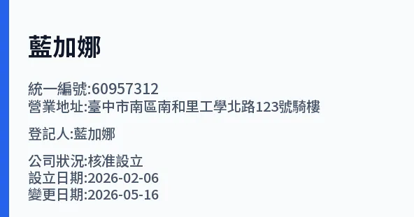 藍加娜的照片-統編 60957312(臺中市) 公司登記資料與營業項目詳細圖表