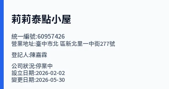 莉莉泰點小屋的照片-統編 60957426(臺中市) 公司登記資料與營業項目詳細圖表