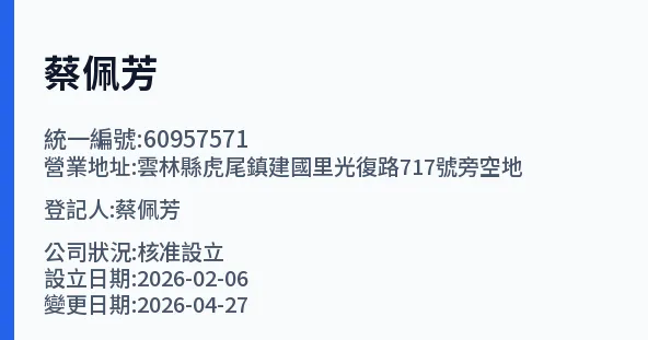 蔡佩芳的照片-統編 60957571(雲林縣) 公司登記資料與營業項目詳細圖表