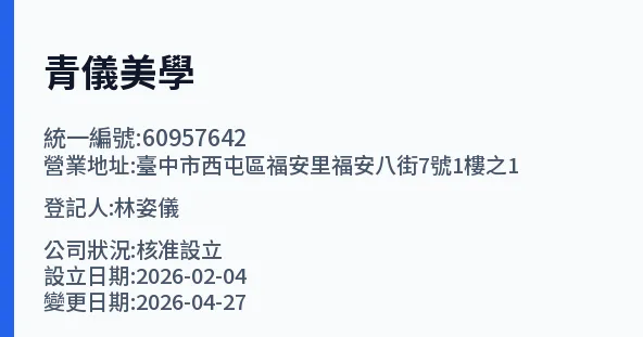 青儀美學的照片-統編 60957642(臺中市) 公司登記資料與營業項目詳細圖表