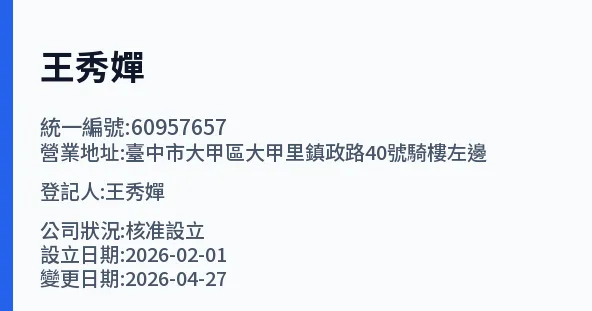 王秀嬋的照片-統編 60957657(臺中市) 公司登記資料與營業項目詳細圖表