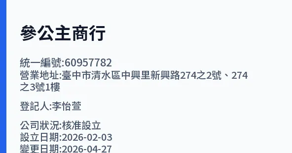 參公主商行的照片-統編 60957782(臺中市) 公司登記資料與營業項目詳細圖表
