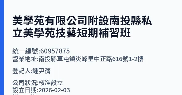 美學苑有限公司附設南投縣私立美學苑技藝短期補習班的照片-統編 60957875(南投縣) 公司登記資料與營業項目詳細圖表