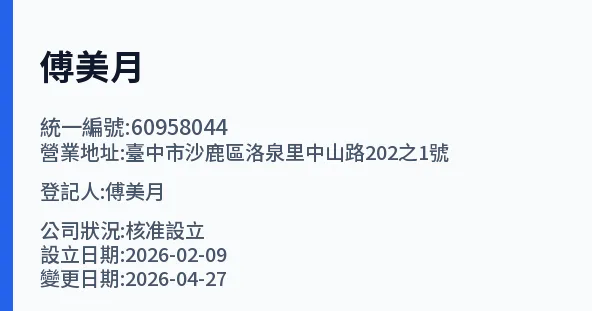 傅美月的照片-統編 60958044(臺中市) 公司登記資料與營業項目詳細圖表