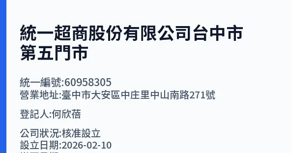統一超商股份有限公司台中市第五門市的照片-統編 60958305(臺中市) 公司登記資料與營業項目詳細圖表