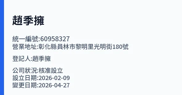 趙季擁的照片-統編 60958327(彰化縣) 公司登記資料與營業項目詳細圖表