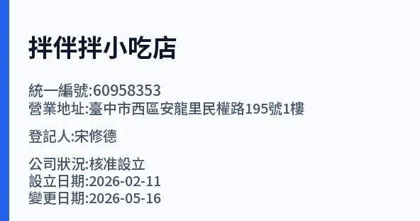 拌伴拌小吃店的照片-統編 60958353(臺中市) 公司登記資料與營業項目詳細圖表