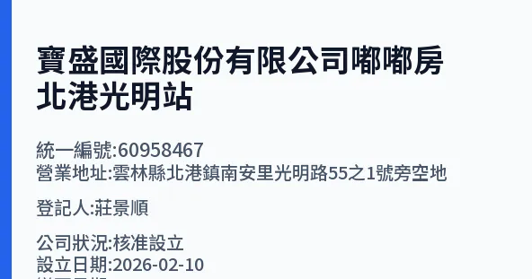 寶盛國際股份有限公司嘟嘟房北港光明站的照片-統編 60958467(雲林縣) 公司登記資料與營業項目詳細圖表