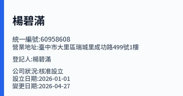 楊碧滿的照片-統編 60958608(臺中市) 公司登記資料與營業項目詳細圖表