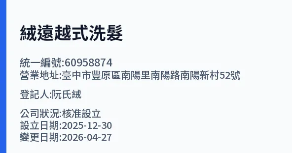 絨遠越式洗髮的照片-統編 60958874(臺中市) 公司登記資料與營業項目詳細圖表