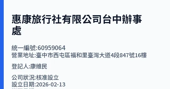 惠康旅行社有限公司台中辦事處的照片-統編 60959064(臺中市) 公司登記資料與營業項目詳細圖表
