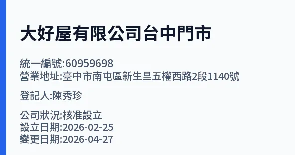 大好屋有限公司台中門市的照片-統編 60959698(臺中市) 公司登記資料與營業項目詳細圖表