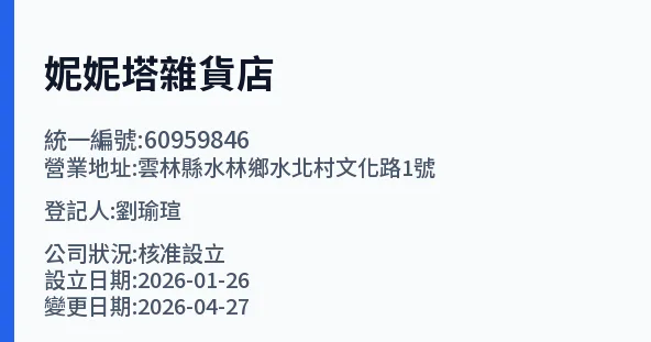 妮妮塔雜貨店的照片-統編 60959846(雲林縣) 公司登記資料與營業項目詳細圖表