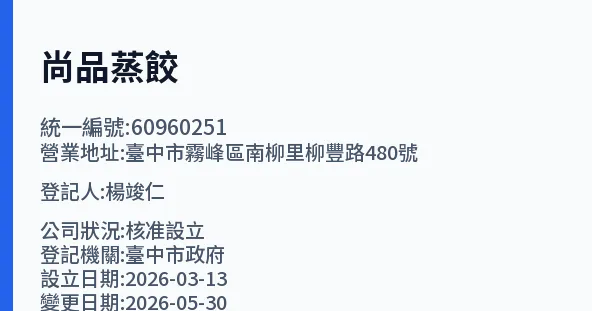 尚品蒸餃的照片-統編 60960251(臺中市) 公司登記資料與營業項目詳細圖表