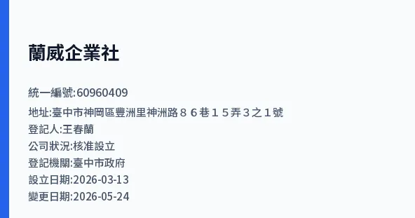 蘭威企業社的照片-統編 60960409(臺中市) 公司登記資料與營業項目詳細圖表