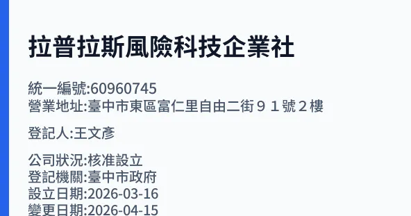 拉普拉斯風險科技企業社的照片-統編 60960745(臺中市) 公司登記資料與營業項目詳細圖表