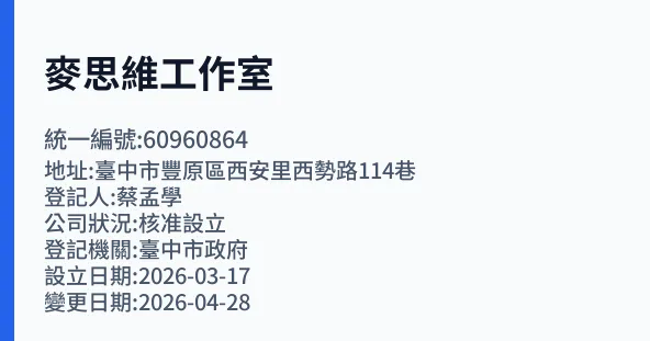 麥思維工作室的照片-統編 60960864(臺中市) 公司登記資料與營業項目詳細圖表