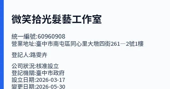 微笑拾光髮藝工作室的照片-統編 60960908(臺中市) 公司登記資料與營業項目詳細圖表