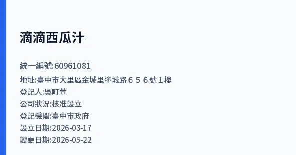 滴滴西瓜汁的照片-統編 60961081(臺中市) 公司登記資料與營業項目詳細圖表