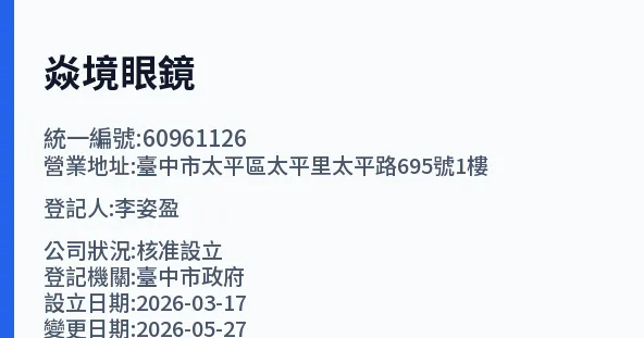 焱境眼鏡的照片-統編 60961126(臺中市) 公司登記資料與營業項目詳細圖表
