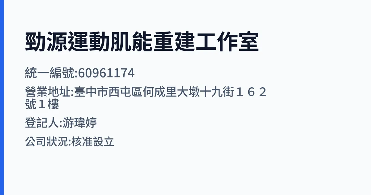 勁源運動肌能重建工作室 - 統編 60961174(臺中市) 公司登記資料與營業項目詳細圖表