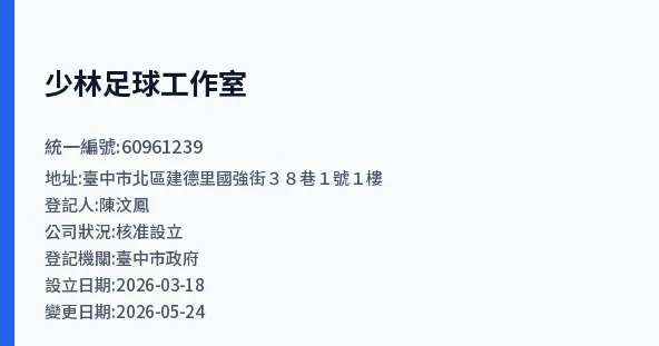 少林足球工作室的照片-統編 60961239(臺中市) 公司登記資料與營業項目詳細圖表
