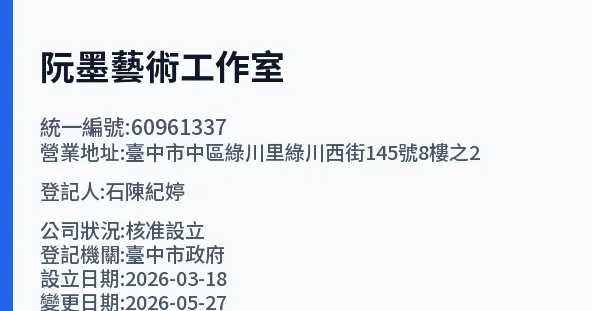 阮墨藝術工作室的照片-統編 60961337(臺中市) 公司登記資料與營業項目詳細圖表