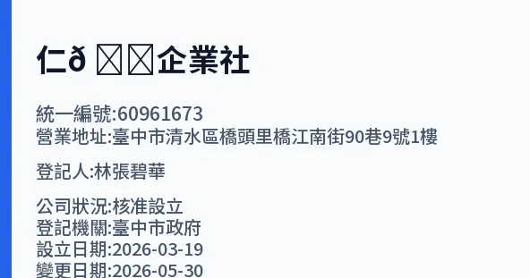 仁𠊙企業社的照片-統編 60961673(臺中市) 公司登記資料與營業項目詳細圖表