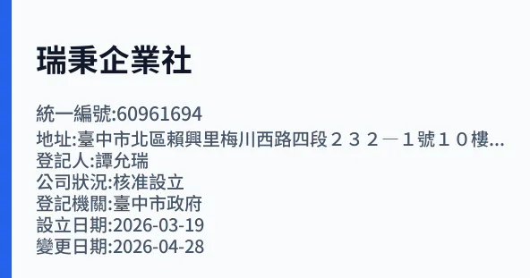 瑞秉企業社的照片-統編 60961694(臺中市) 公司登記資料與營業項目詳細圖表