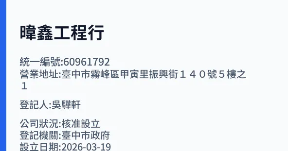 暐鑫工程行的照片-統編 60961792(臺中市) 公司登記資料與營業項目詳細圖表