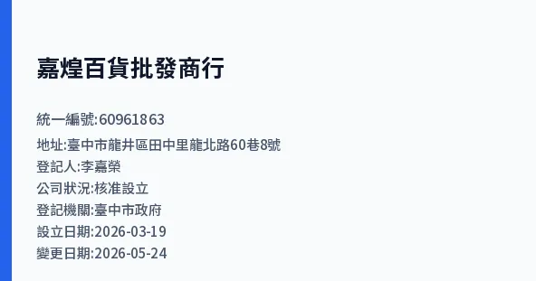 嘉煌百貨批發商行的照片-統編 60961863(臺中市) 公司登記資料與營業項目詳細圖表