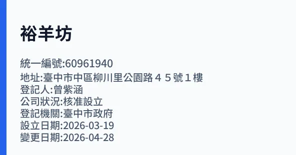 裕羊坊的照片-統編 60961940(臺中市) 公司登記資料與營業項目詳細圖表