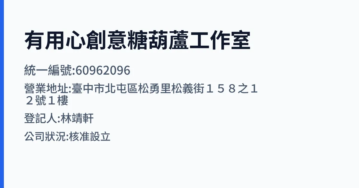 有用心創意糖葫蘆工作室 - 統編 60962096(臺中市) 公司登記資料與營業項目詳細圖表